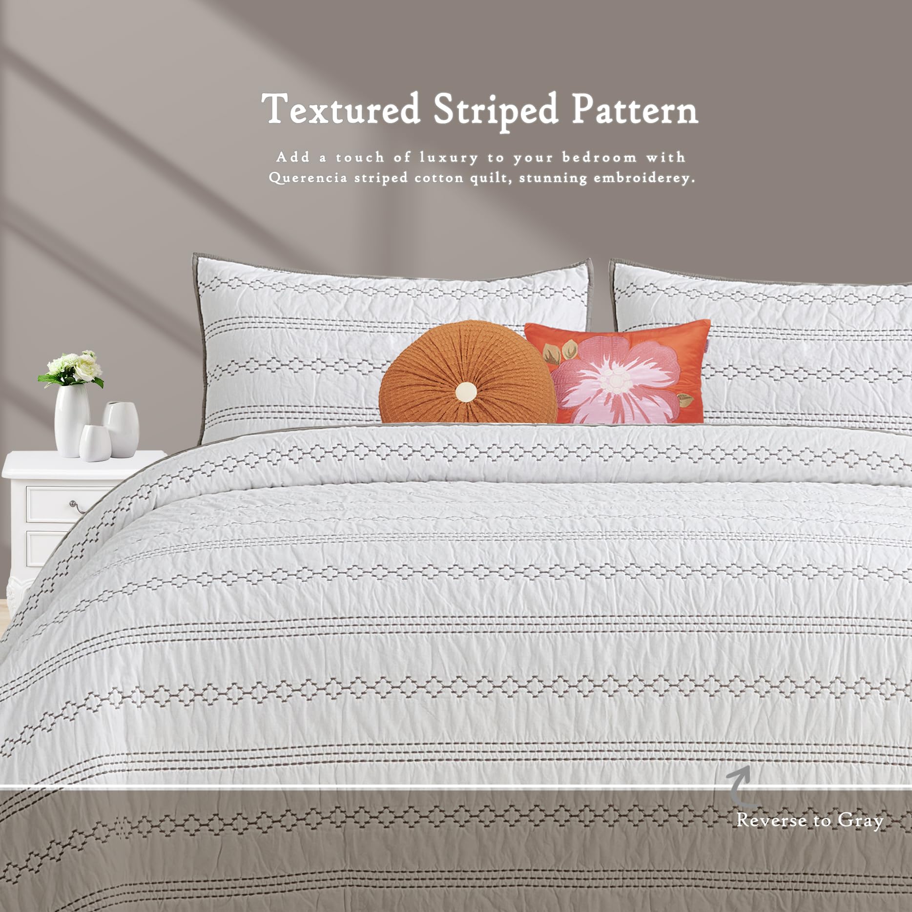 Querencia Cotton Quilt King Size - Embroidered Light Weight Quilt for Summer, Striped Quilt Cotton Coverlet, Quilted Comforter Set Gray Bedspread Farmhouse Bedding Cali, 3 Piece (Opal Grey & White)