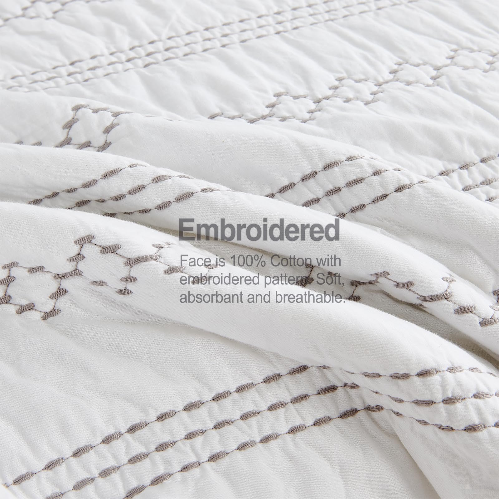 Querencia Cotton Quilt King Size - Embroidered Light Weight Quilt for Summer, Striped Quilt Cotton Coverlet, Quilted Comforter Set Gray Bedspread Farmhouse Bedding Cali, 3 Piece (Opal Grey & White)