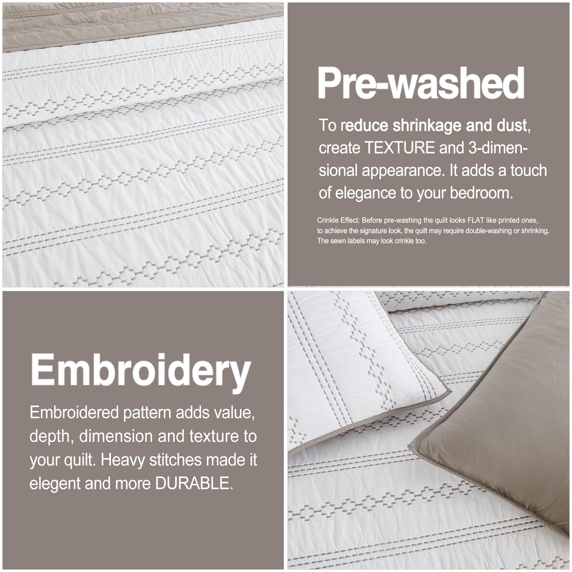 Querencia Cotton Quilt King Size - Embroidered Light Weight Quilt for Summer, Striped Quilt Cotton Coverlet, Quilted Comforter Set Gray Bedspread Farmhouse Bedding Cali, 3 Piece (Opal Grey & White)