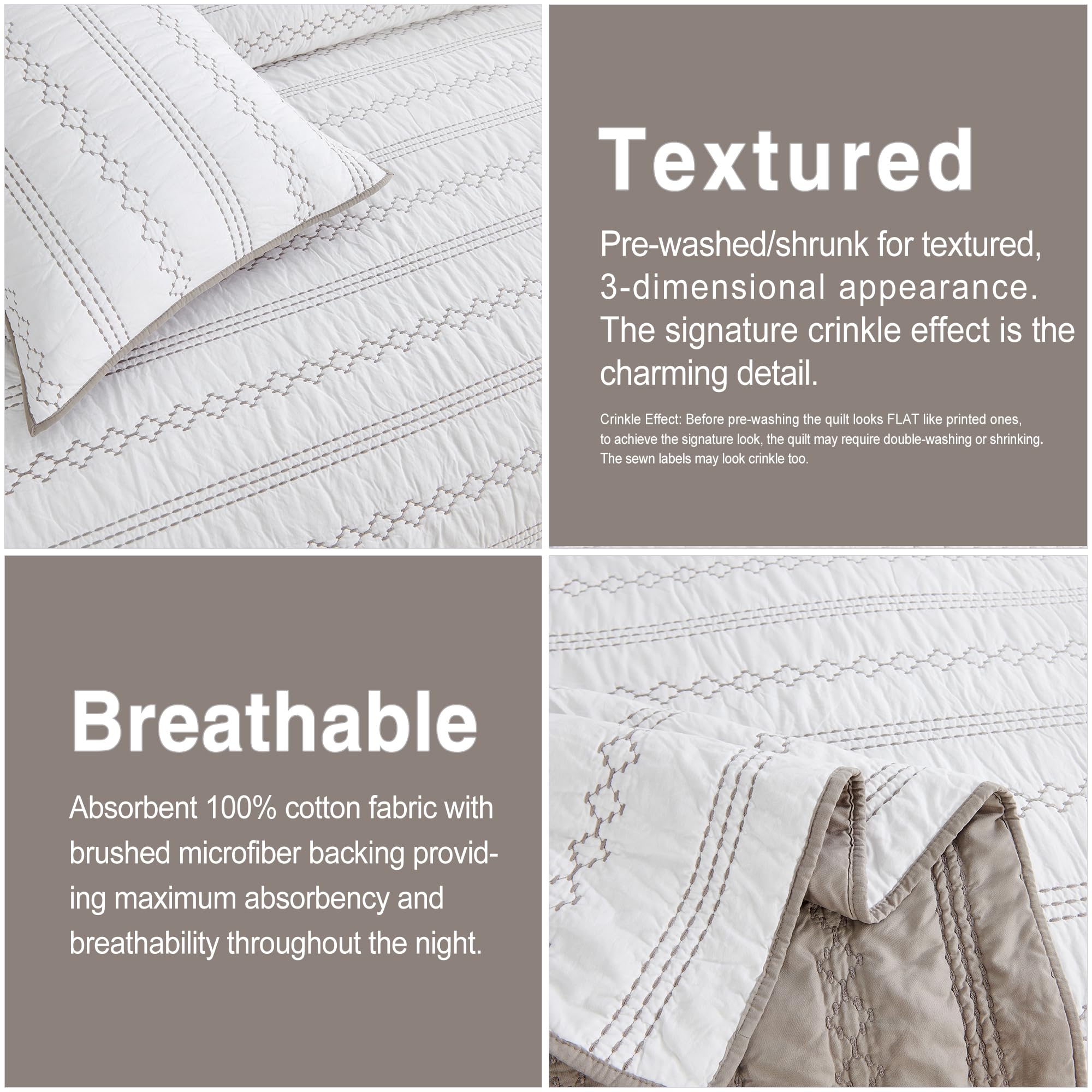 Querencia Cotton Quilt King Size - Embroidered Light Weight Quilt for Summer, Striped Quilt Cotton Coverlet, Quilted Comforter Set Gray Bedspread Farmhouse Bedding Cali, 3 Piece (Opal Grey & White)