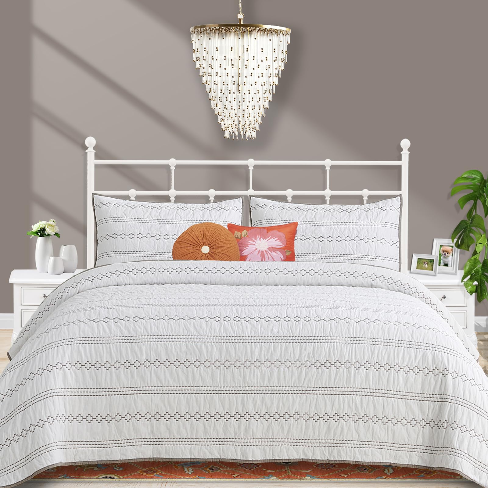 Querencia Cotton Quilt King Size - Embroidered Light Weight Quilt for Summer, Striped Quilt Cotton Coverlet, Quilted Comforter Set Gray Bedspread Farmhouse Bedding Cali, 3 Piece (Opal Grey & White)