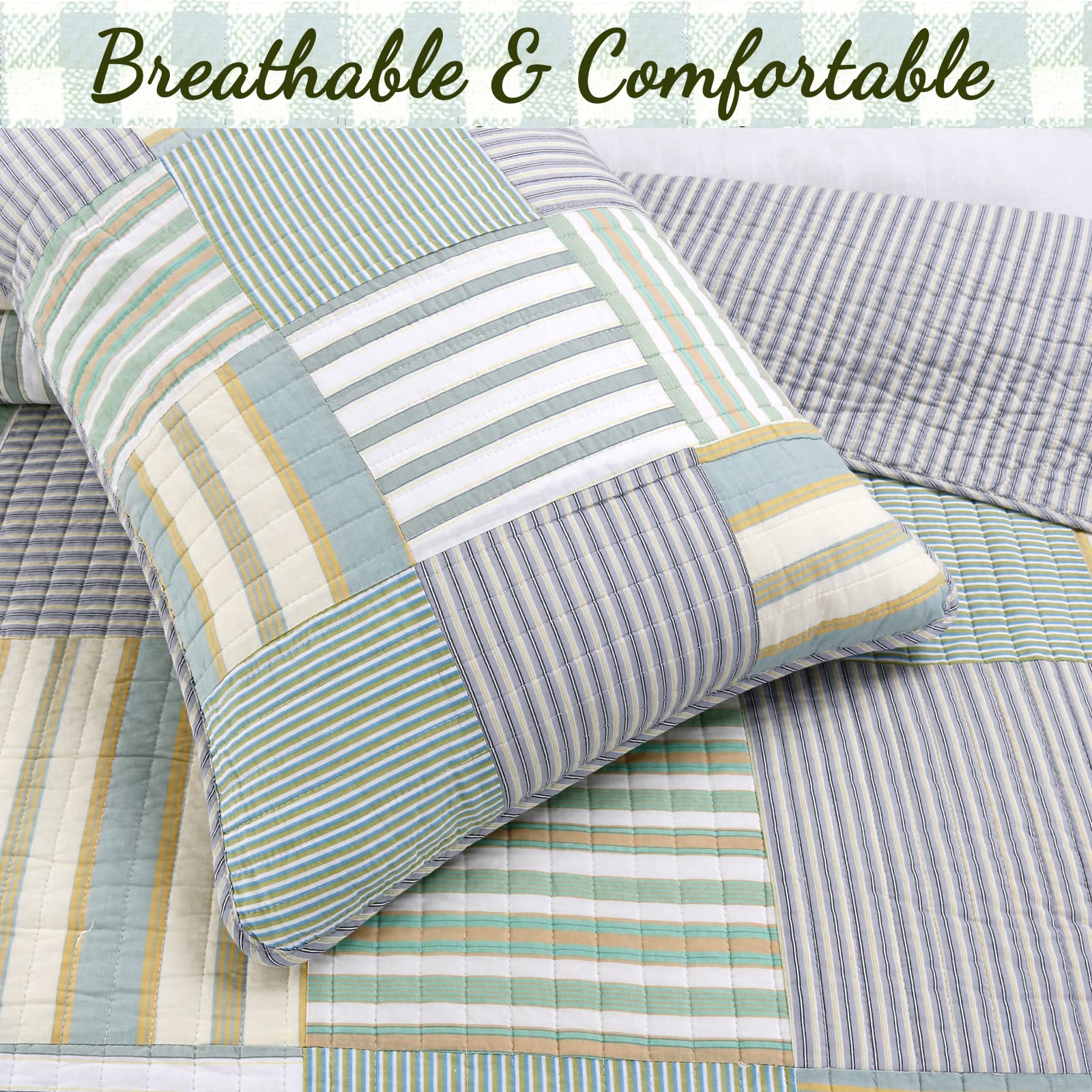 Cozy Line Home Fashions Green Yellow Blue Plaid Striped Real Patchwork 100% Cotton, Reversible Coverlet, Bedspread, Quilt Bedding Set (Green Patchwork, Twin - 2 Piece)
