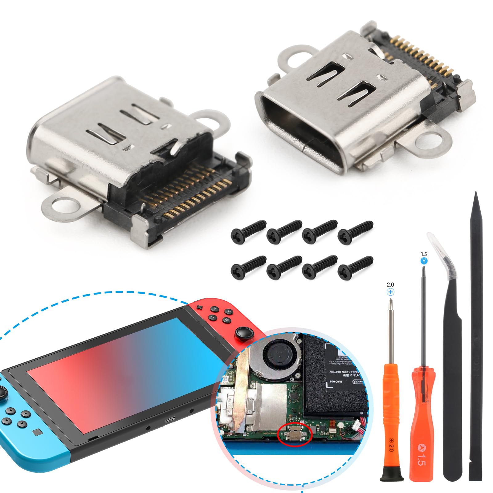 2 Pack for Nintendo Switch Charging Port Replacement For Nintendo Switch Dock Connector NS Switch USB Type C Charge Power Socket Jack Port Console Accessories (With Screws and Repair Tools)