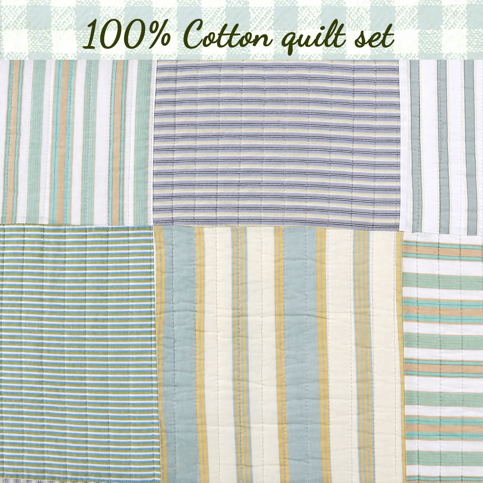Cozy Line Home Fashions Green Yellow Blue Plaid Striped Real Patchwork 100% Cotton, Reversible Coverlet, Bedspread, Quilt Bedding Set (Green Patchwork, Twin - 2 Piece)
