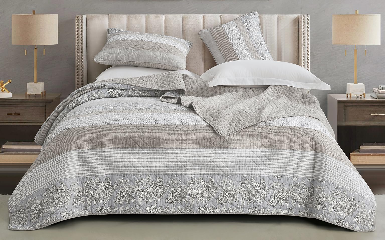 Chezmoi Collection Robyn 3-Piece Neutral Taupe Gray White Floral Hibiscus Flower Patchwork Striped Quilt Set - Pre-Washed Cotton Coverlet - Lightweight Reversible Bedspread, King Size