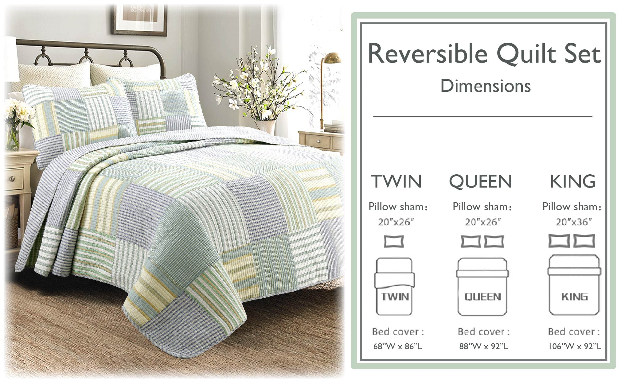 Cozy Line Home Fashions Green Yellow Blue Plaid Striped Real Patchwork 100% Cotton, Reversible Coverlet, Bedspread, Quilt Bedding Set (Green Patchwork, Twin - 2 Piece)