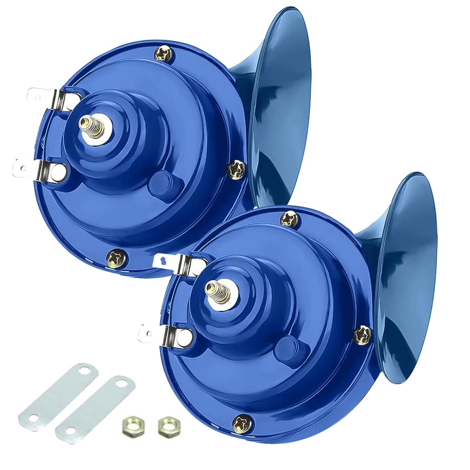 GKmow Pack-2 300DB Super Loud Train Horn, 12V Security Alarm Waterproof Speaker, Car Air Electric Snail Double Horn Replacement Kit, Fits for Most Cars Motorcycle, Truck, Bike (Blue)