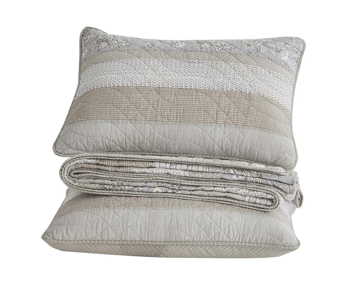 Chezmoi Collection Robyn 3-Piece Neutral Taupe Gray White Floral Hibiscus Flower Patchwork Striped Quilt Set - Pre-Washed Cotton Coverlet - Lightweight Reversible Bedspread, King Size