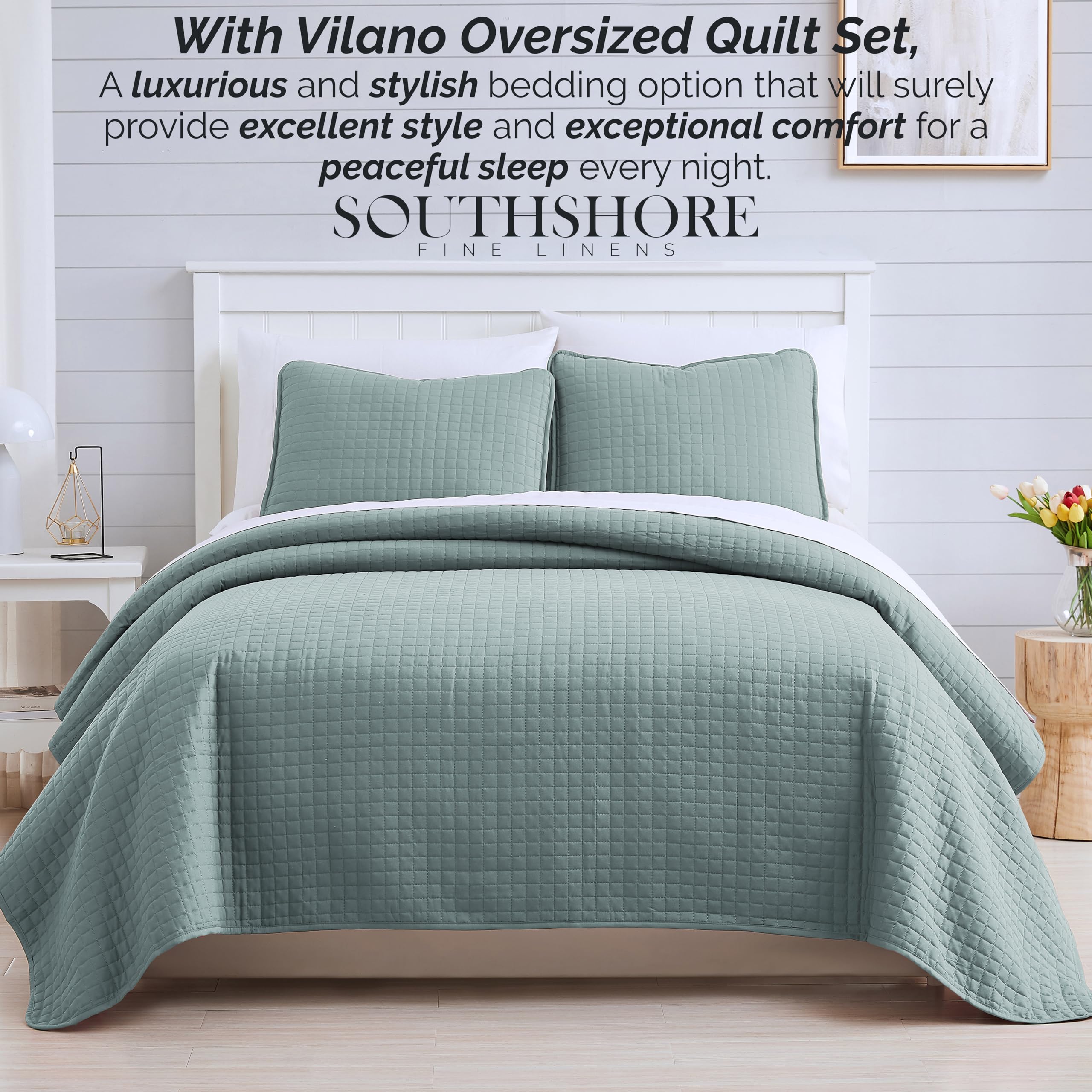Southshore Fine Living, Inc. Oversized King Quilt Bedding Set, Soft Microfiber, Stain and Pet Hair Resistant Bedding, California/King Size Quilt Coverlet Bedspread Set with 2 Shams, Steel Blue