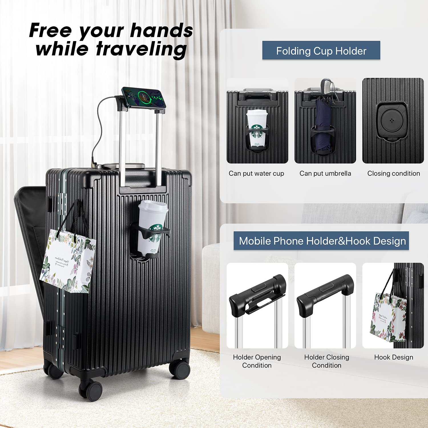 MRPLUM Front Pocket Carry On Luggage,PC Hardside Spinner Wheel Suitcase with TSA Lock, Cup Holder,Phone Holder&USB Charging Port,20 inch,Black
