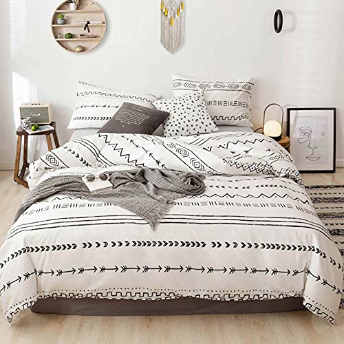 ETDIFFE Boho Geometric Duvet Cover Twin Size - 2 Piece Farmhouse Aztec Stripe Pattern Printed Microfiber Comforter Cover Set - Soft and Lightweight Bohemian Neutral Quilt Cover, White and Black