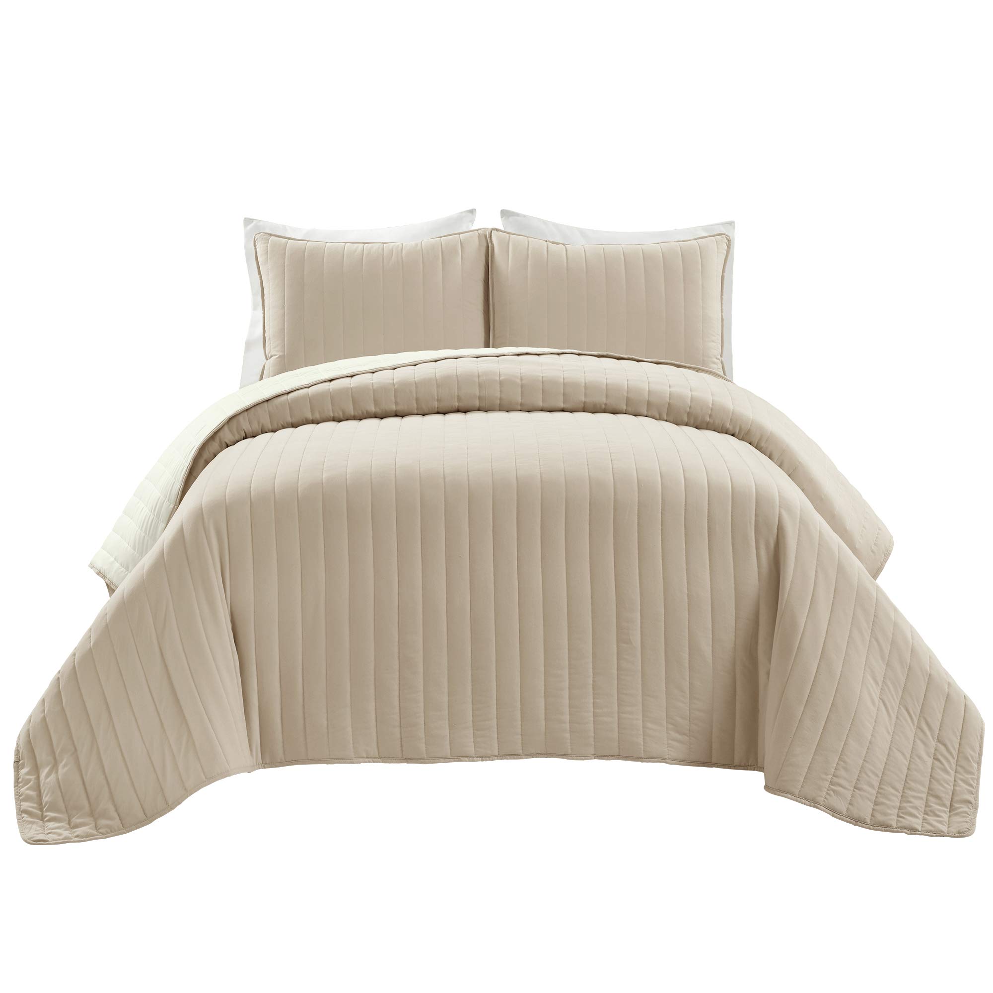 Lush Decor Soft Stripe All Season 3 Piece Quilt/Coverlet Set, Neutral & Ivory, Full Queen