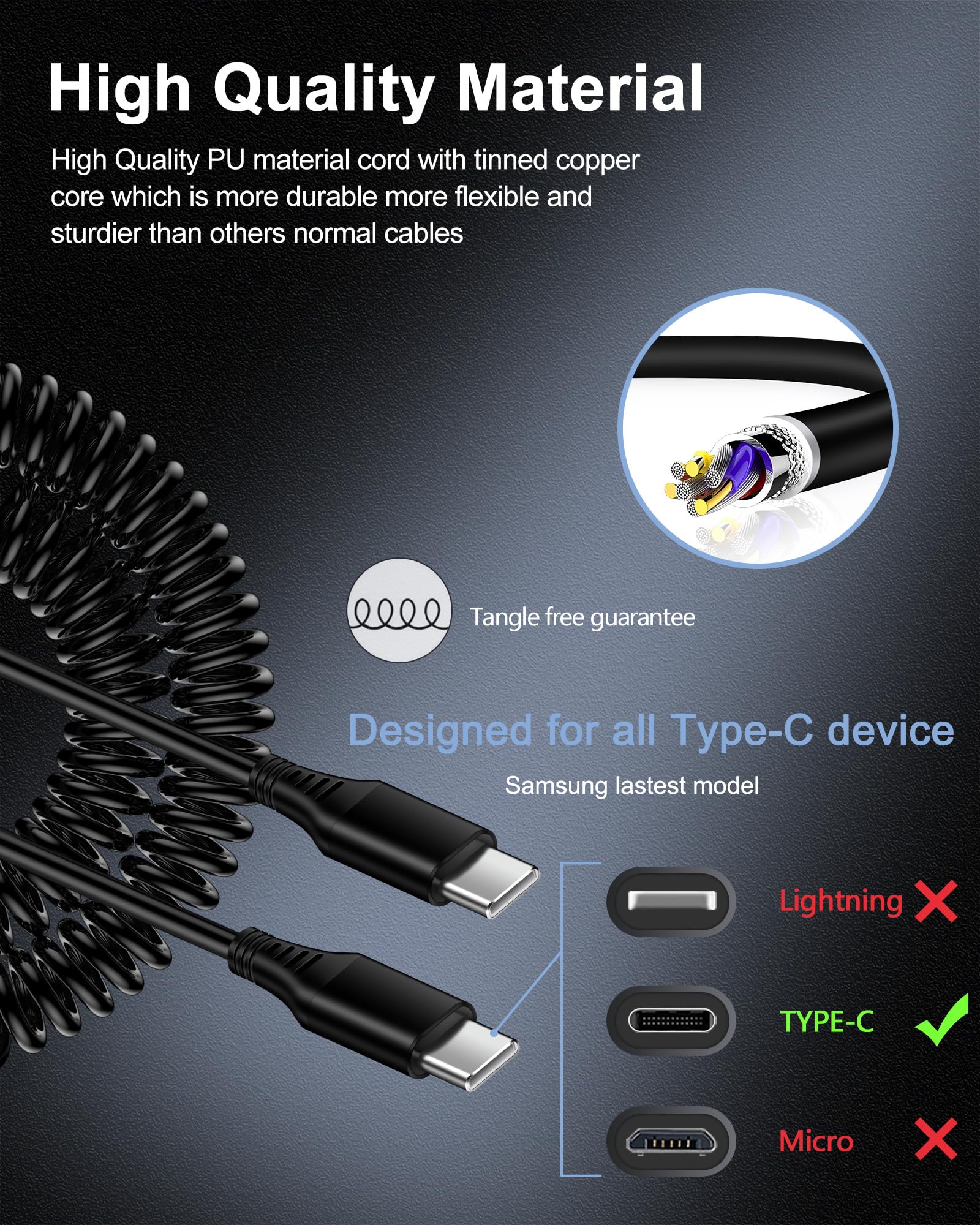 3FT/2Pcs S25 Coiled USB C Cable Fast Charging Cord for Samsung Galaxy Z Fold6 Flip6 S24 FE S23 Ultra S22 S21 S9 S8 A16 A03s A13 A14 A53 A54 A51, C to C Android Auto Wire for Car for iPhone 16Pro Pixel