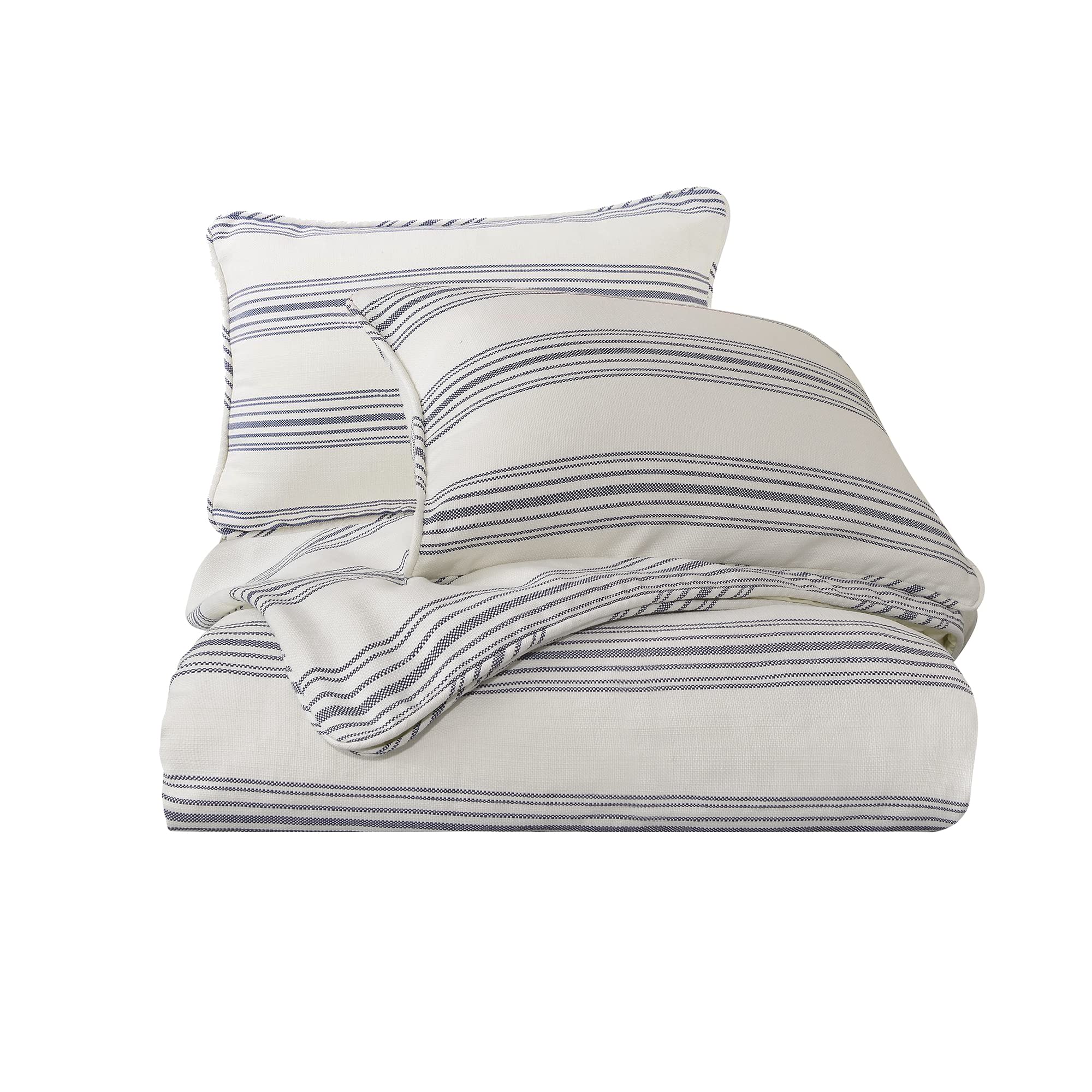 HiEnd Accents Prescott Farmhouse Bedding, 3 Piece Super King Size Striped Comforter Set with Pillow Shams, Ivory Navy Ticking Stripes Pattern, Chic Casual Coastal Boho Style Bed Set