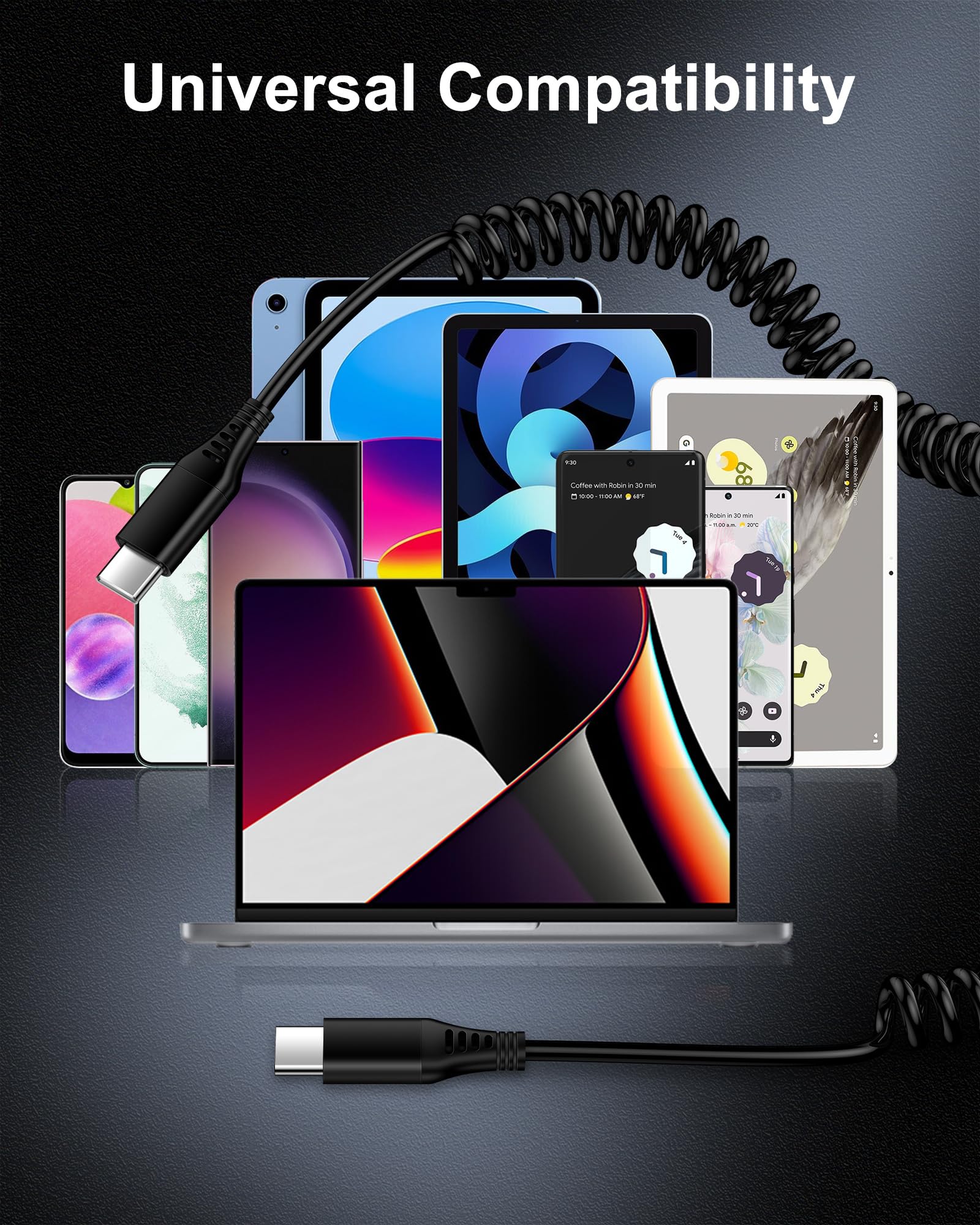 3FT/2Pcs S25 Coiled USB C Cable Fast Charging Cord for Samsung Galaxy Z Fold6 Flip6 S24 FE S23 Ultra S22 S21 S9 S8 A16 A03s A13 A14 A53 A54 A51, C to C Android Auto Wire for Car for iPhone 16Pro Pixel