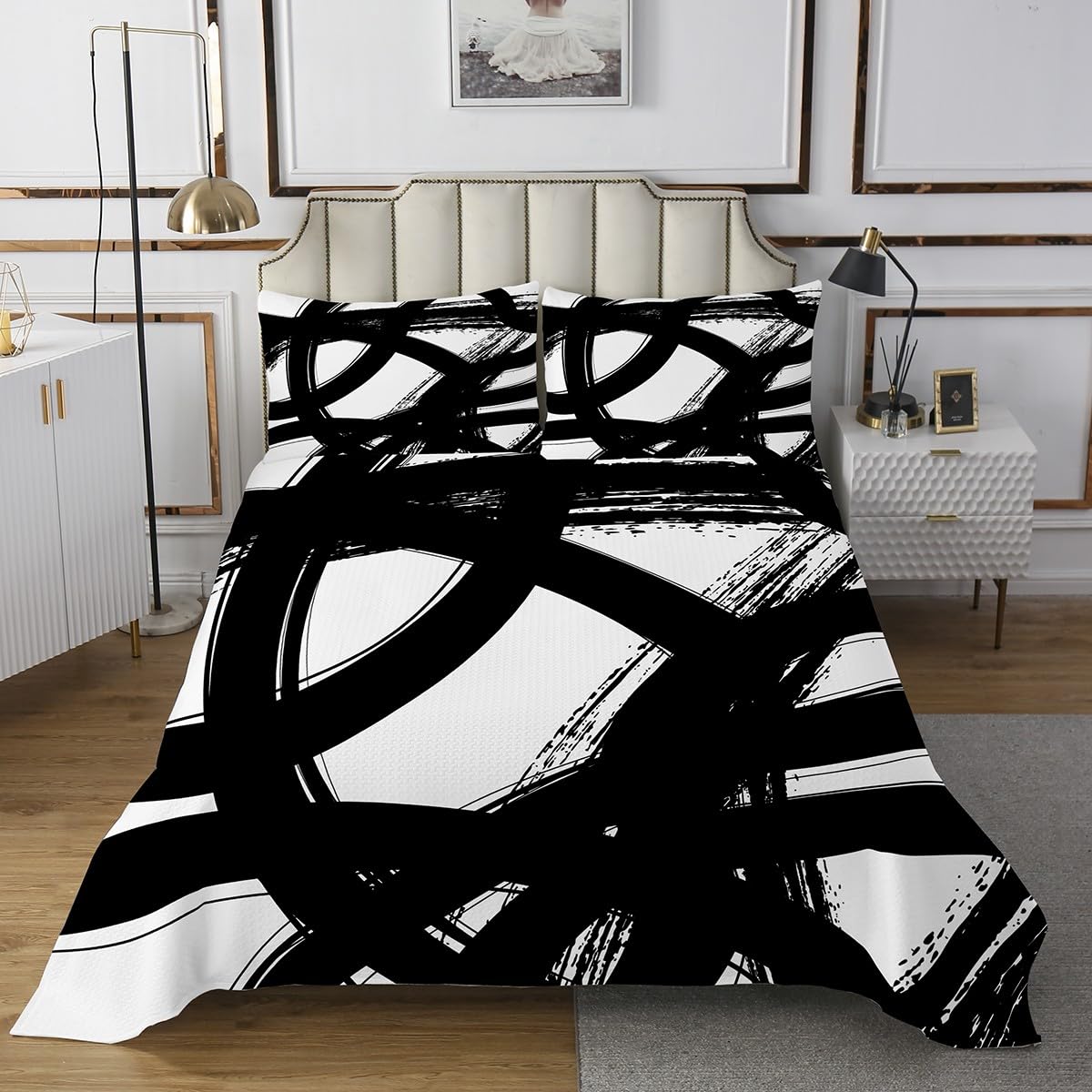 jejeloiu Black and White Bedspread King Size Geometry Modern Stripe Quilted Coverlet for Kids Teens Adults Neutral Art Coverlet Set Abstarct Art Quilted Room Decorations 3Pcs with 2 Pillow Cases