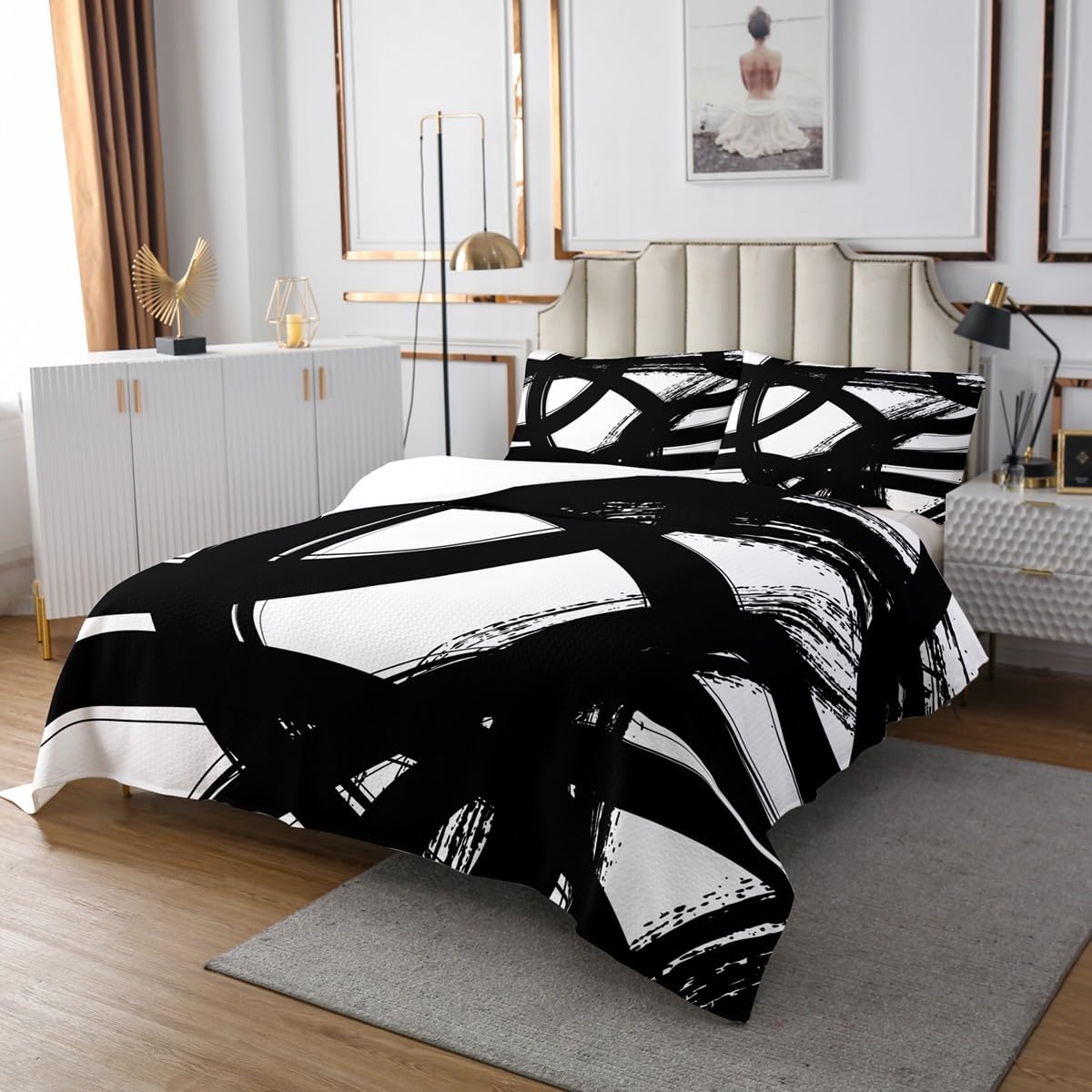 jejeloiu Black and White Bedspread King Size Geometry Modern Stripe Quilted Coverlet for Kids Teens Adults Neutral Art Coverlet Set Abstarct Art Quilted Room Decorations 3Pcs with 2 Pillow Cases