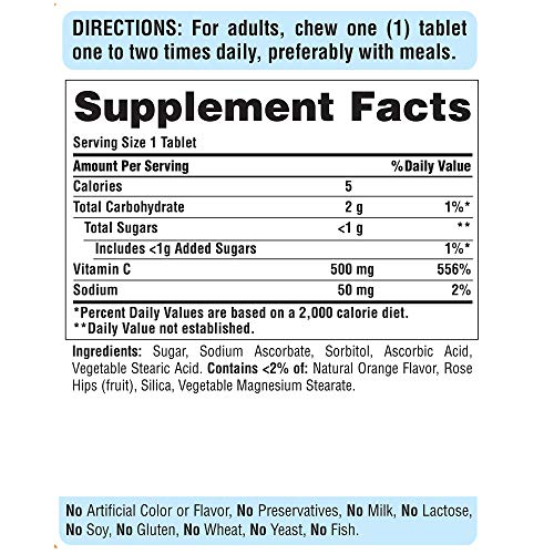 Puritan's Pride Chewable 500 mg with Rose Hips Supports Immune System Health Vitamin C 250 Count (Pack of 1)