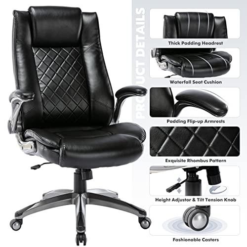 COLAMY High Back Office Chair-Executive Computer Office Chair with Flip-up Arms Adjustable Height Swivel Chair, Thick Padded Leather for Comfort and Ergonomic Design for Lumbar Support (300lbs, Black)