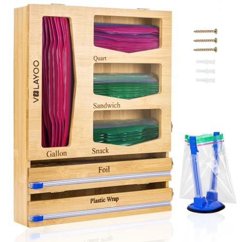 VOLAYOO Drawer organizer for Ziplock Bags and Foil, Organize Your Kitchen Drawer with a Storage Bag Organizer for Ziplock Bags, Foil, Plastic Wrap, 7 in 1 Zip Lock Bamboo Bag organizer for Brawer & Bandwich Bag Holder