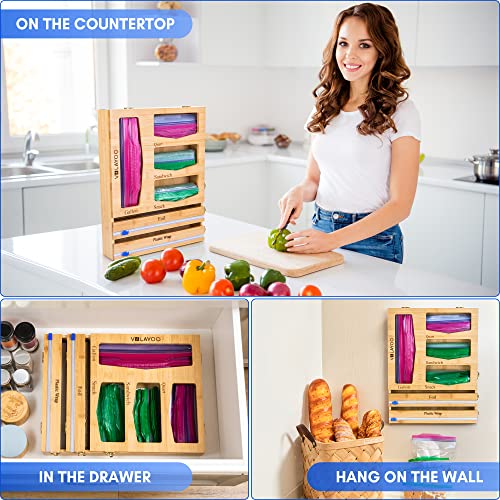 VOLAYOO Drawer organizer for Ziplock Bags and Foil, Organize Your Kitchen Drawer with a Storage Bag Organizer for Ziplock Bags, Foil, Plastic Wrap, 7 in 1 Zip Lock Bamboo Bag organizer for Brawer & Bandwich Bag Holder