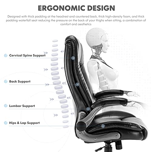 COLAMY High Back Office Chair-Executive Computer Office Chair with Flip-up Arms Adjustable Height Swivel Chair, Thick Padded Leather for Comfort and Ergonomic Design for Lumbar Support (300lbs, Black)