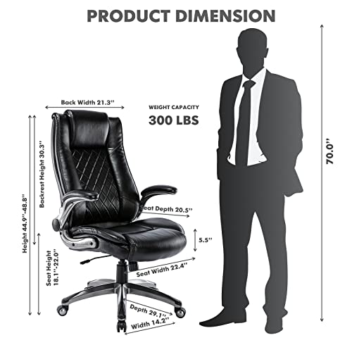 COLAMY High Back Office Chair-Executive Computer Office Chair with Flip-up Arms Adjustable Height Swivel Chair, Thick Padded Leather for Comfort and Ergonomic Design for Lumbar Support (300lbs, Black)