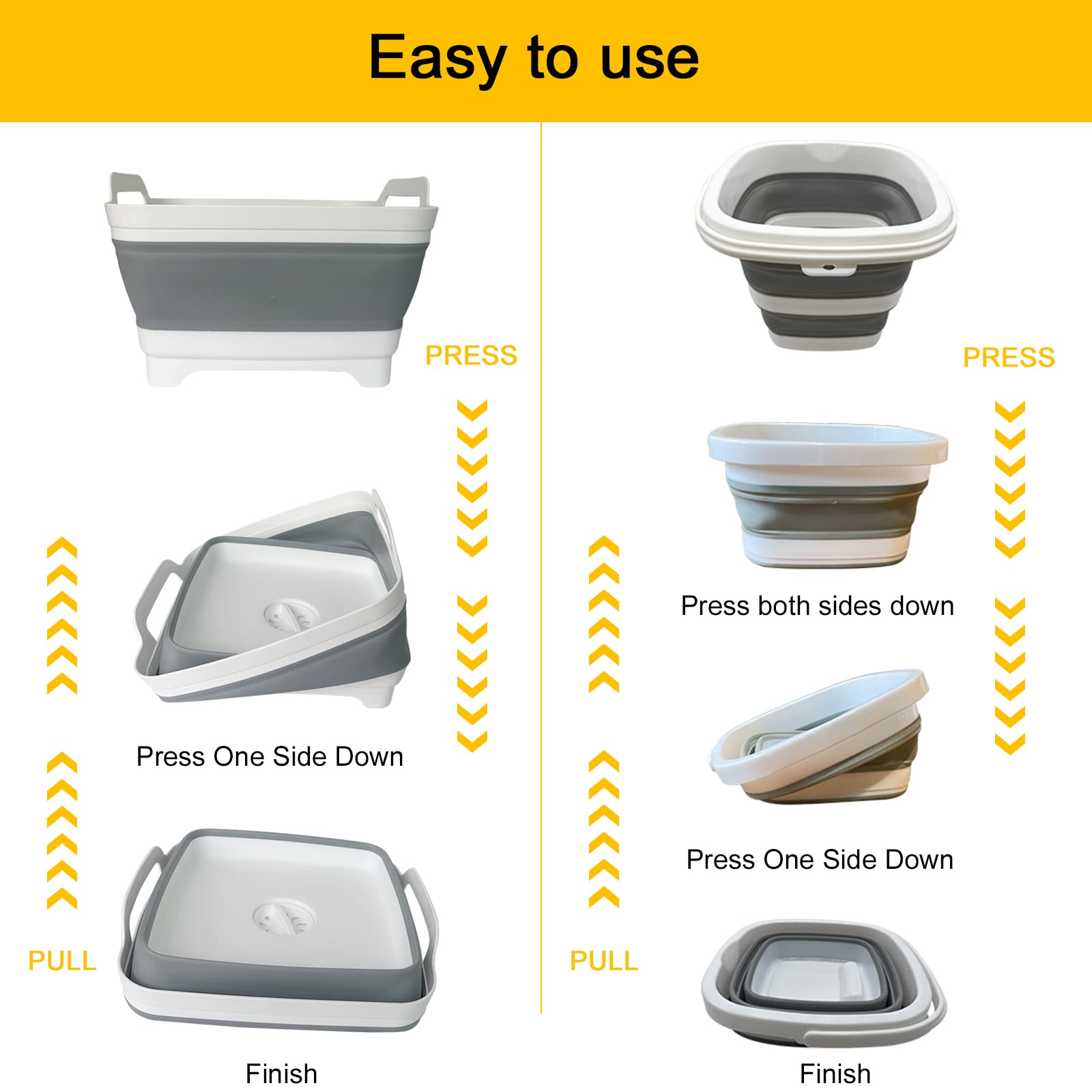 Detsuk Collapsible Basin Bucket (9L+5L)-Collapsible Dish Tub Portable Sink-Foldable Sink Tub for Cleaning Foldable Portable Plastic (9l Dishpan Grey + 5l Bucket Grey)