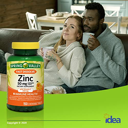 Spring Valley Fast Dissolve Zinc with Vitamin C, Chewable Tablets, Orange, 150 Ct (2 Pack) Bundle with Exclusive "Vitamins & Minerals - A to Z" - Better Idea Guide (3 Items)