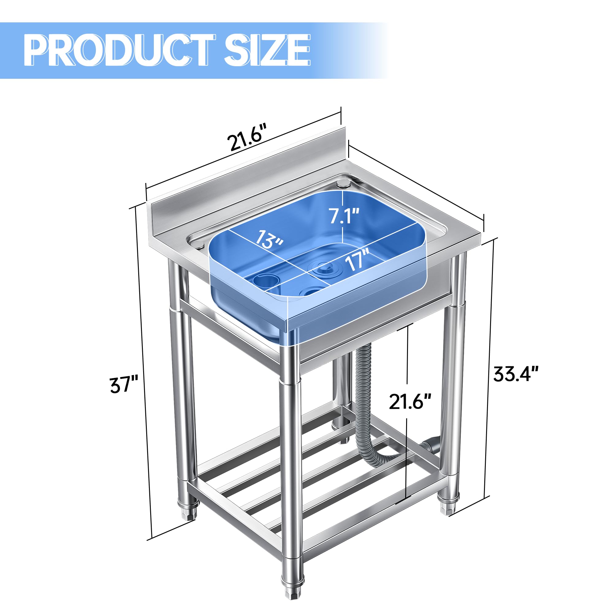 JOPHUN Stainless Steel Sink, Free Standing Single Bowl Kitchen Sink w/Storage Shelves Indoor Outdoor