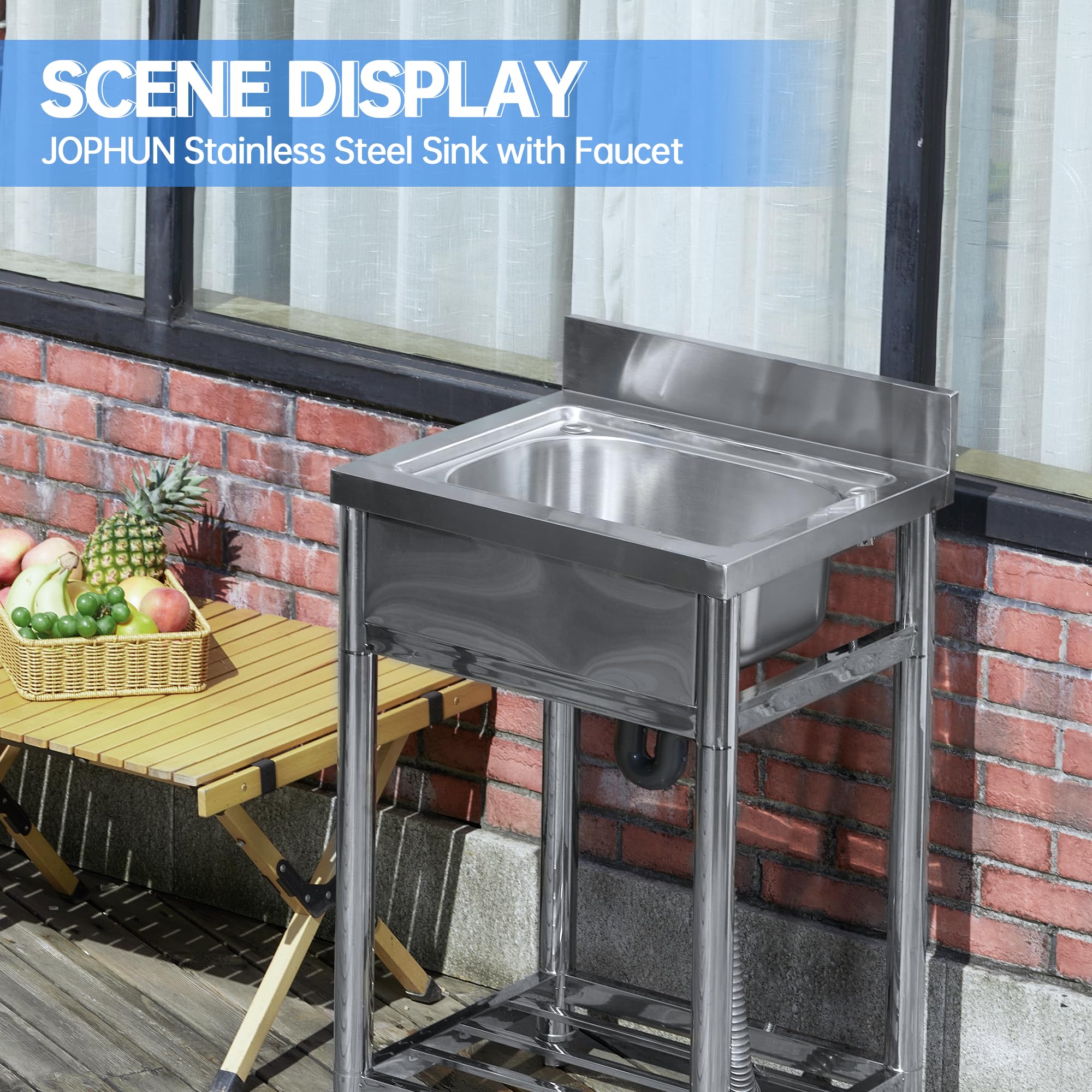 JOPHUN Stainless Steel Sink, Free Standing Single Bowl Kitchen Sink w/Storage Shelves Indoor Outdoor