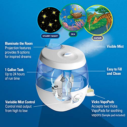 Vicks Sweet Dreams Cool Mist Humidifier, Blue, Medium Room, 1 Gallon Tank – Filter Free Cool Mist Humidifier for Baby and Kids Rooms with Light Up Display, Works with Vicks VapoPads