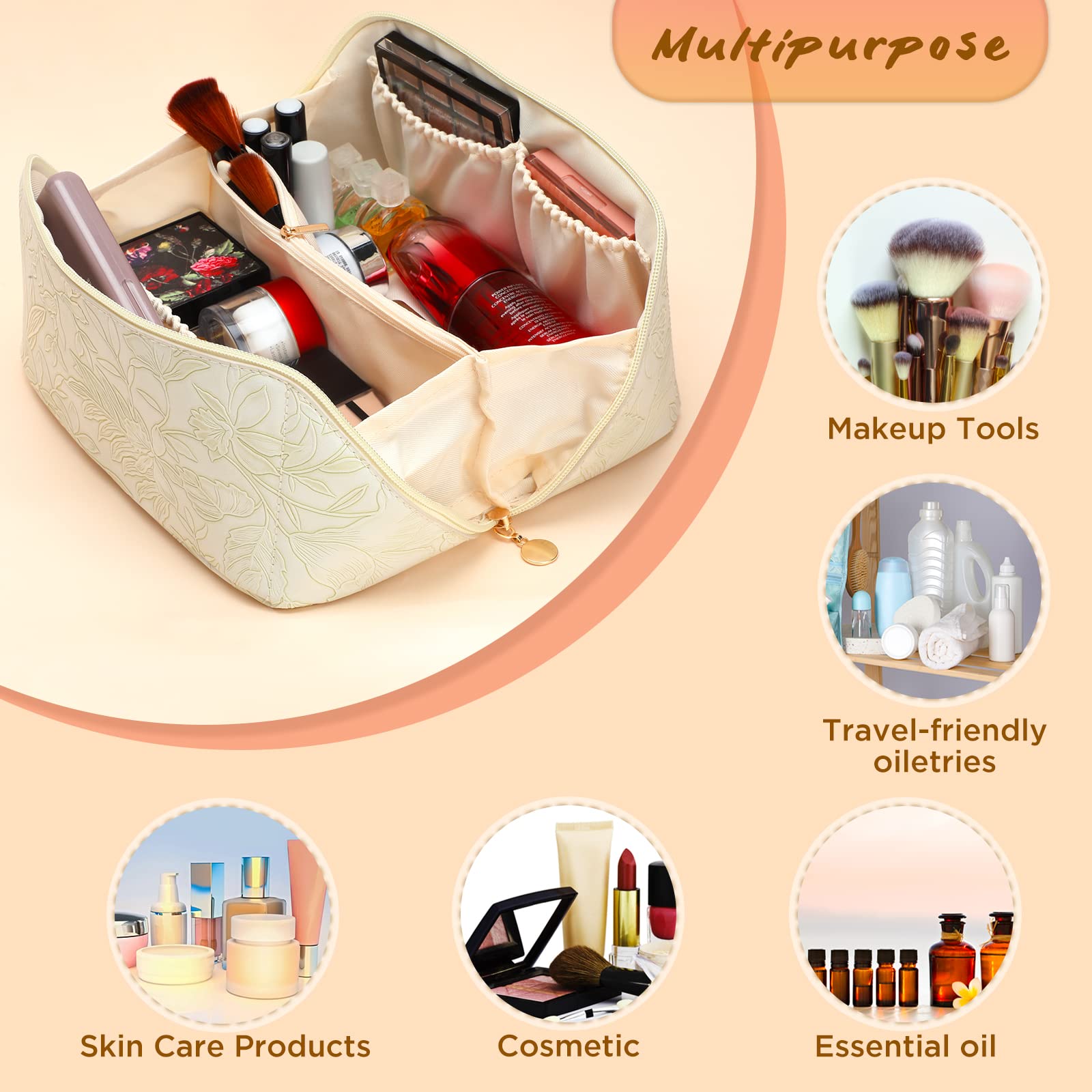 Large Capacity Travel Cosmetic,Makeup Bag Portable PU Leather Waterproof Flat Open Storage Bag with Handle Skincare Toiletry Bag for Women Graduation Gifts (White Embossed)