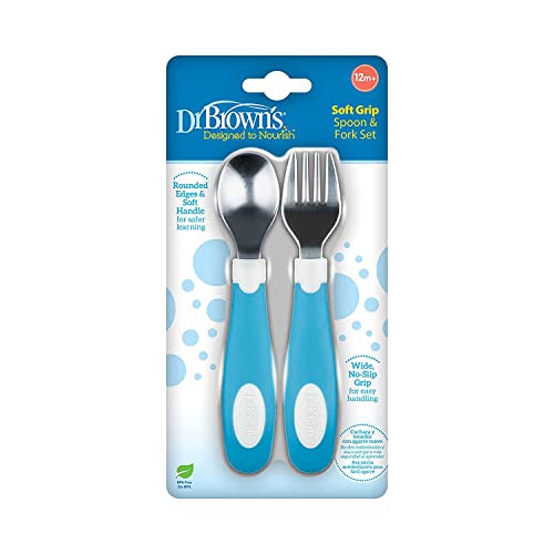 Dr. Brown’s Designed to Nourish Soft-Grip Spoon and Fork Set, Blue & White and No-Slip Strong Suction Bowl for Babies and Toddlers, BPA Free, 2 Pack