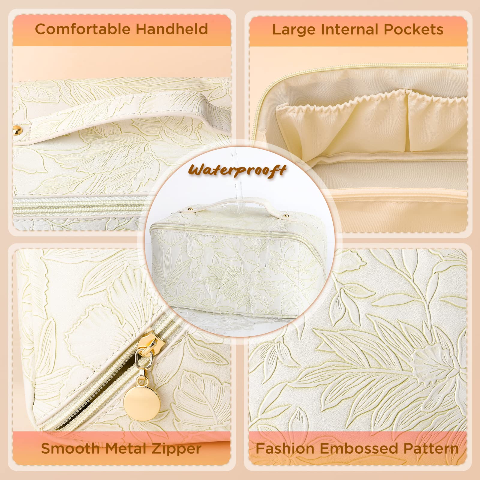 Large Capacity Travel Cosmetic,Makeup Bag Portable PU Leather Waterproof Flat Open Storage Bag with Handle Skincare Toiletry Bag for Women Graduation Gifts (White Embossed)