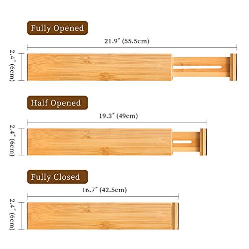 VaeFae Adjustable Bamboo Drawer Dividers, Expandable Drawer Organizer (16.7-21.9 in) for Kitchen, Bedroom, Bathroom, Dresser and Office, 6-Pack