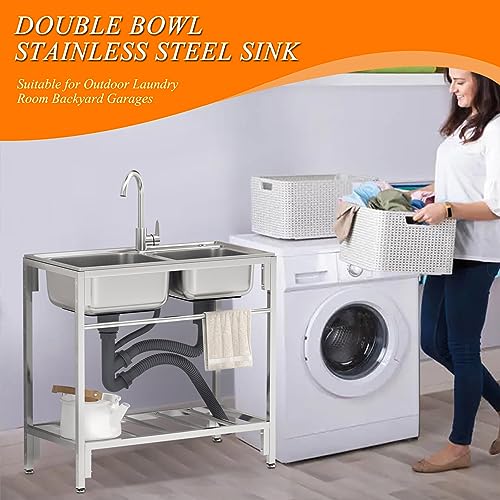 ADASTE Garage Sink Large Double Bowl Sink,Commercial Sink with Drainer Portable Sink with Hot and Cold Water,for Laundry, Backyard, Restaurant