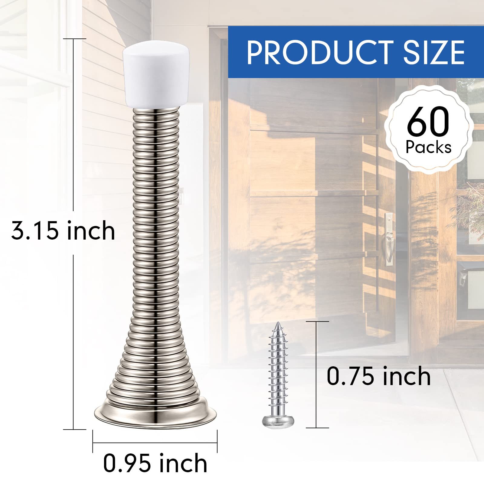 60 Pcs Spring Door Stopper Bulk 3-1/8" Wall Mounted Stainless Steel Spring Door Stops Heavy Duty Flexible Door Stopper with Rubber Bumper Tips Screw in Door Stoppers Wall Protector for Office Home