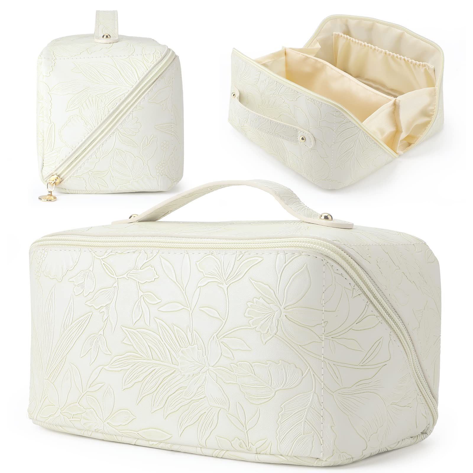 Large Capacity Travel Cosmetic,Makeup Bag Portable PU Leather Waterproof Flat Open Storage Bag with Handle Skincare Toiletry Bag for Women Graduation Gifts (White Embossed)