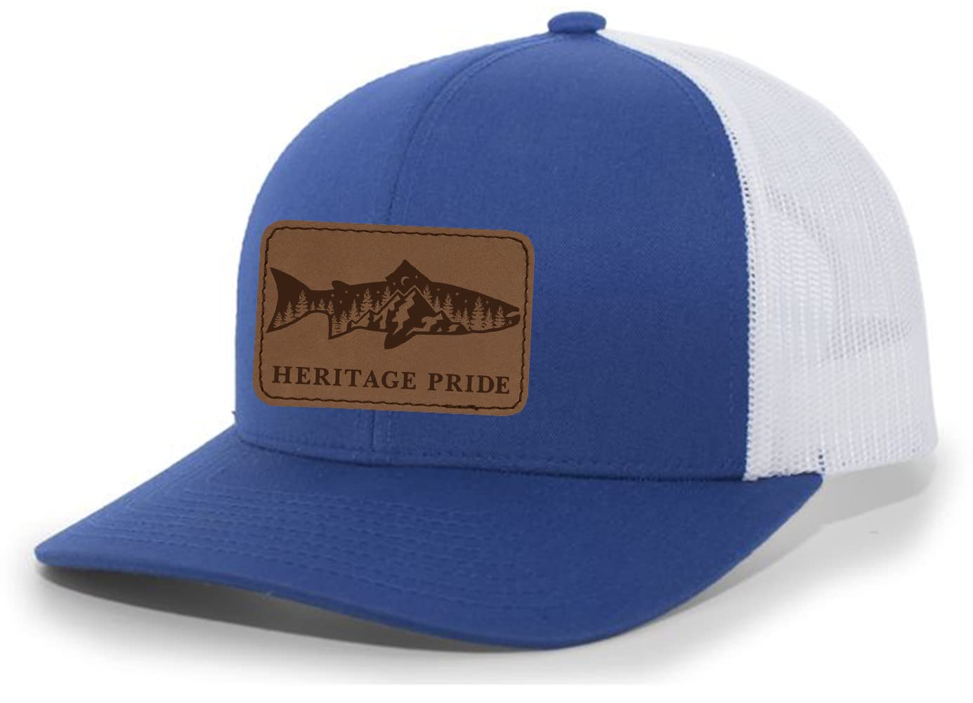 Heritage Pride Scenic Trout Engraved Leather Patch Mens Trucker Hat Baseball Cap, Royal/White
