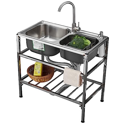 ADASTE Garage Sink Large Double Bowl Sink,Commercial Sink with Drainer Portable Sink with Hot and Cold Water,for Laundry, Backyard, Restaurant