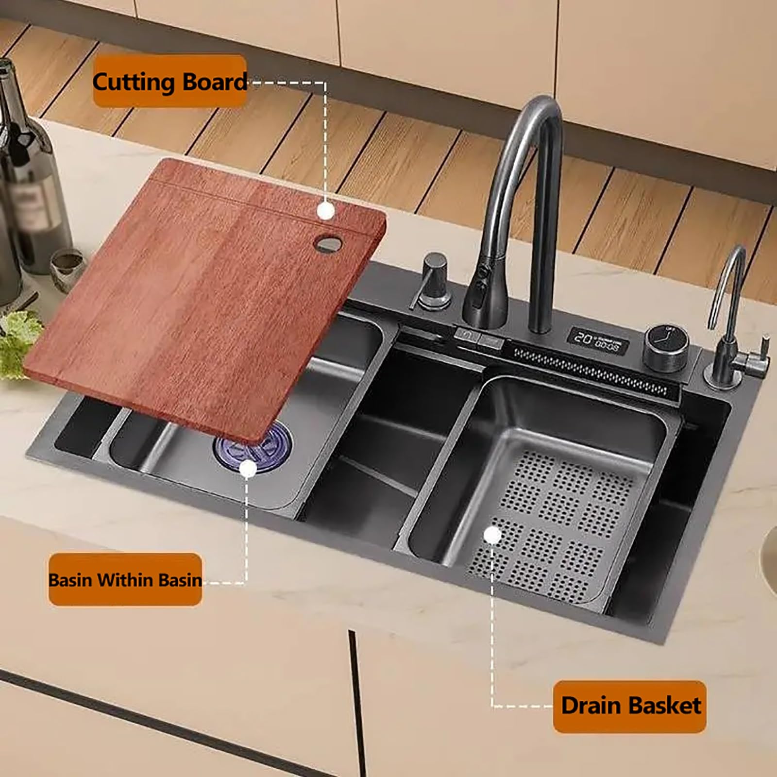 Drop In Kitchen Sink Stainless Waterfall Kitchen Sink Smart Kitchen Sink, Modern Single Basin Kitchen Sinks With Glass Washer For Sink, Workstation Sink With Pull Down Sprayhead Faucet ( Size : 75x45x