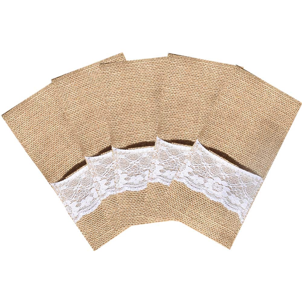 Awtlife 60 Packs Xmas Burlap Lace Utensil Holders Silverware Cutlery Pouch Knifes Forks Bag for Vintage Wedding