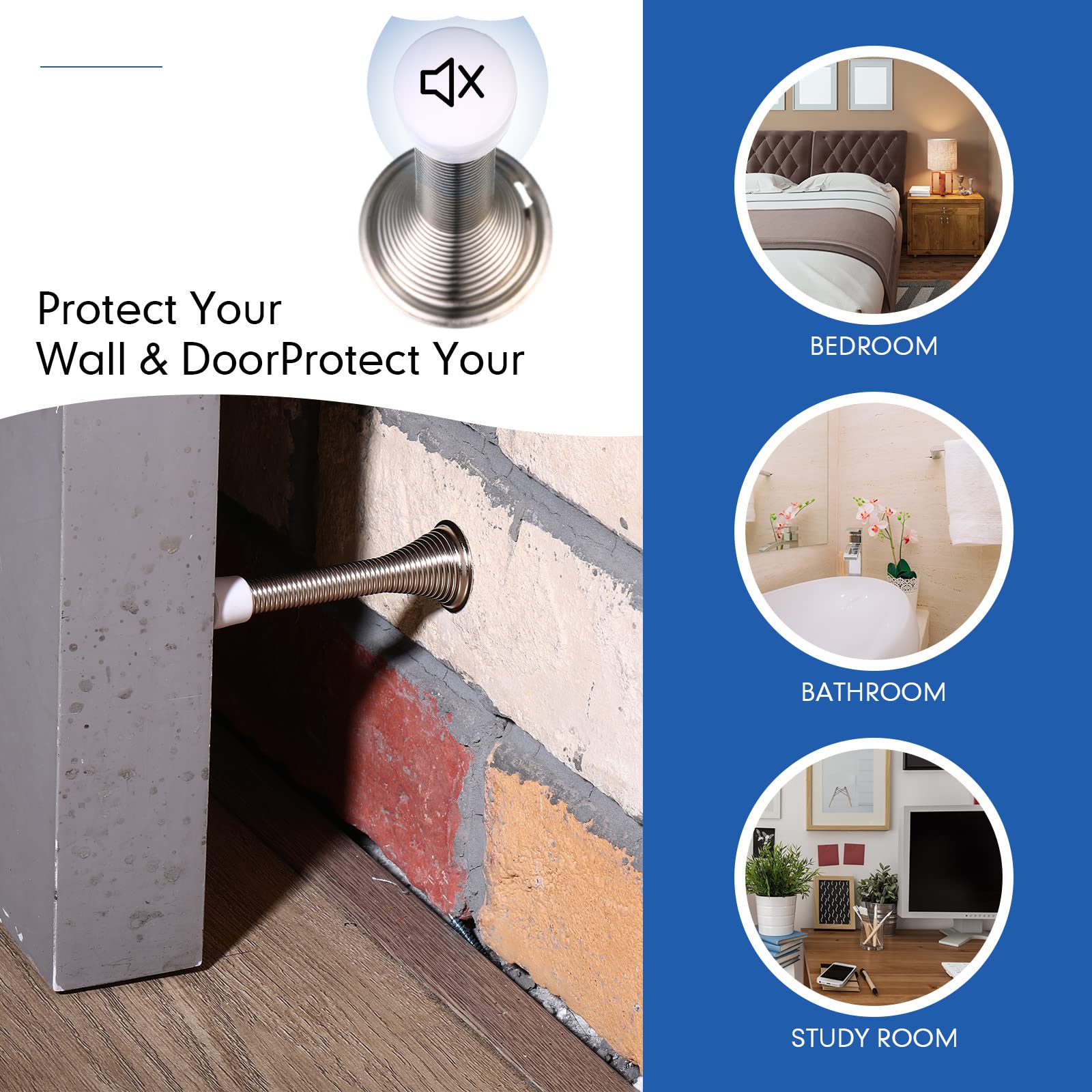 60 Pcs Spring Door Stopper Bulk 3-1/8" Wall Mounted Stainless Steel Spring Door Stops Heavy Duty Flexible Door Stopper with Rubber Bumper Tips Screw in Door Stoppers Wall Protector for Office Home