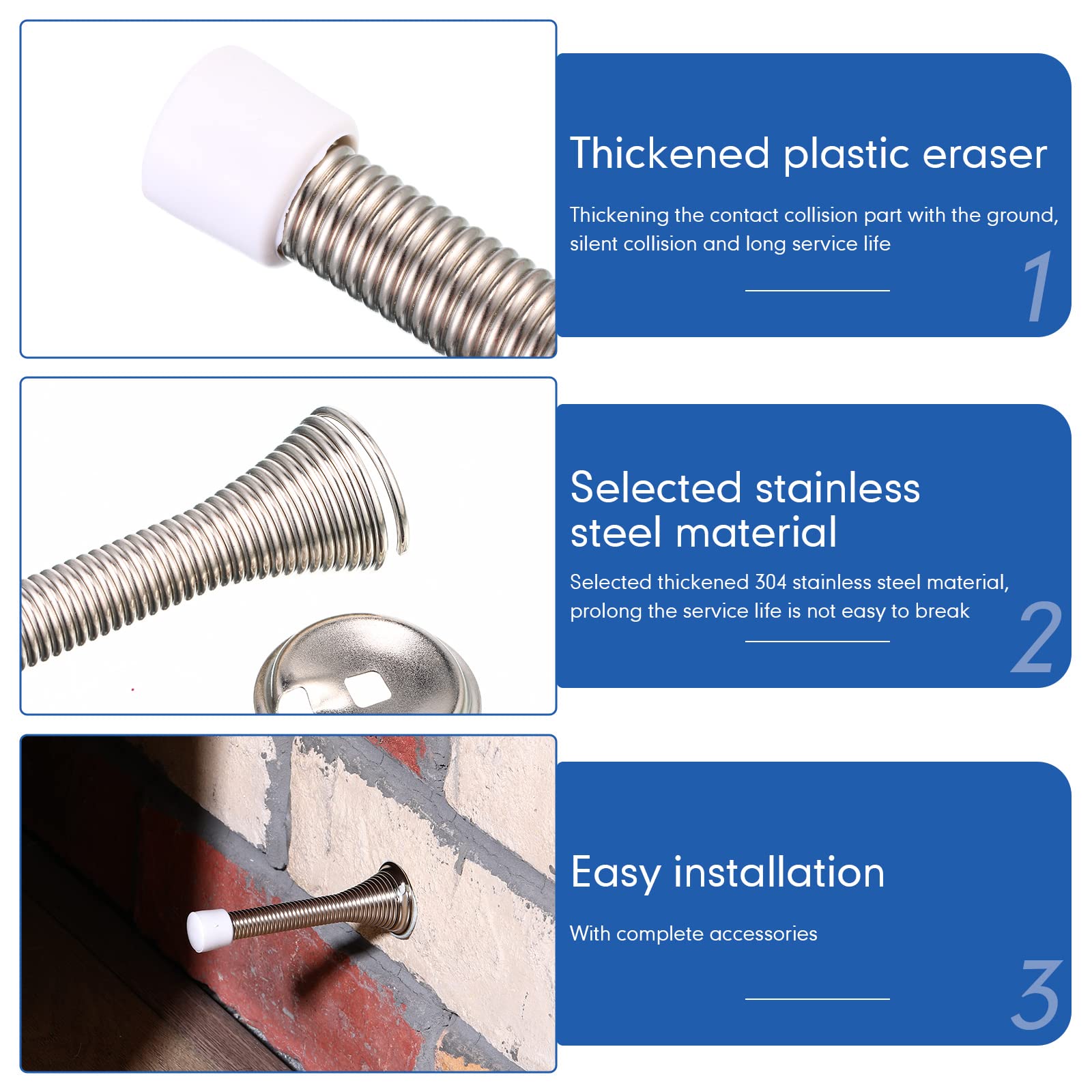 60 Pcs Spring Door Stopper Bulk 3-1/8" Wall Mounted Stainless Steel Spring Door Stops Heavy Duty Flexible Door Stopper with Rubber Bumper Tips Screw in Door Stoppers Wall Protector for Office Home