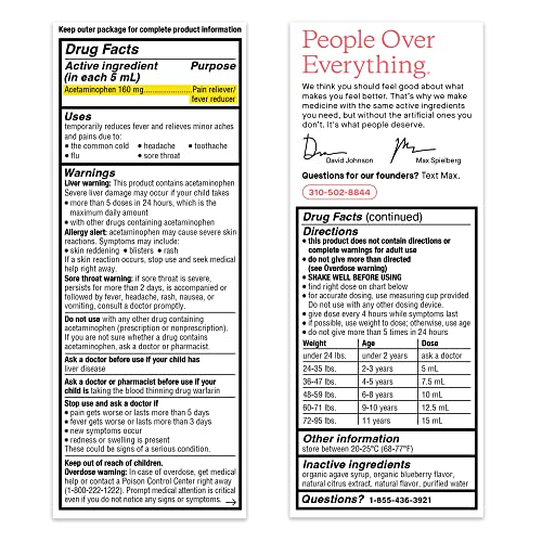 Genexa Children's Acetaminophen Pain and Fever Reducer | 160 mg per 5mL | Made with Delicious Organic Blueberry Flavor | 4 Fluid Ounces