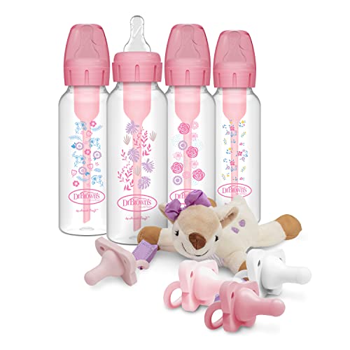 Dr. Brownās Natural FlowĀ® Anti-Colic Options+⢠Narrow Baby Bottles 8 oz/250 mL, Pink Floral 4 Pack, with HappyPaci Pacifiers and Lovey Holder, Deer