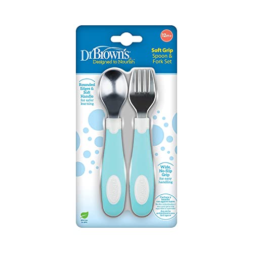Dr. Brown’s Designed to Nourish Soft-Grip Spoon and Fork Set, Teal and No-Slip Strong Suction Bowl for Babies and Toddlers, BPA Free, 2 Pack