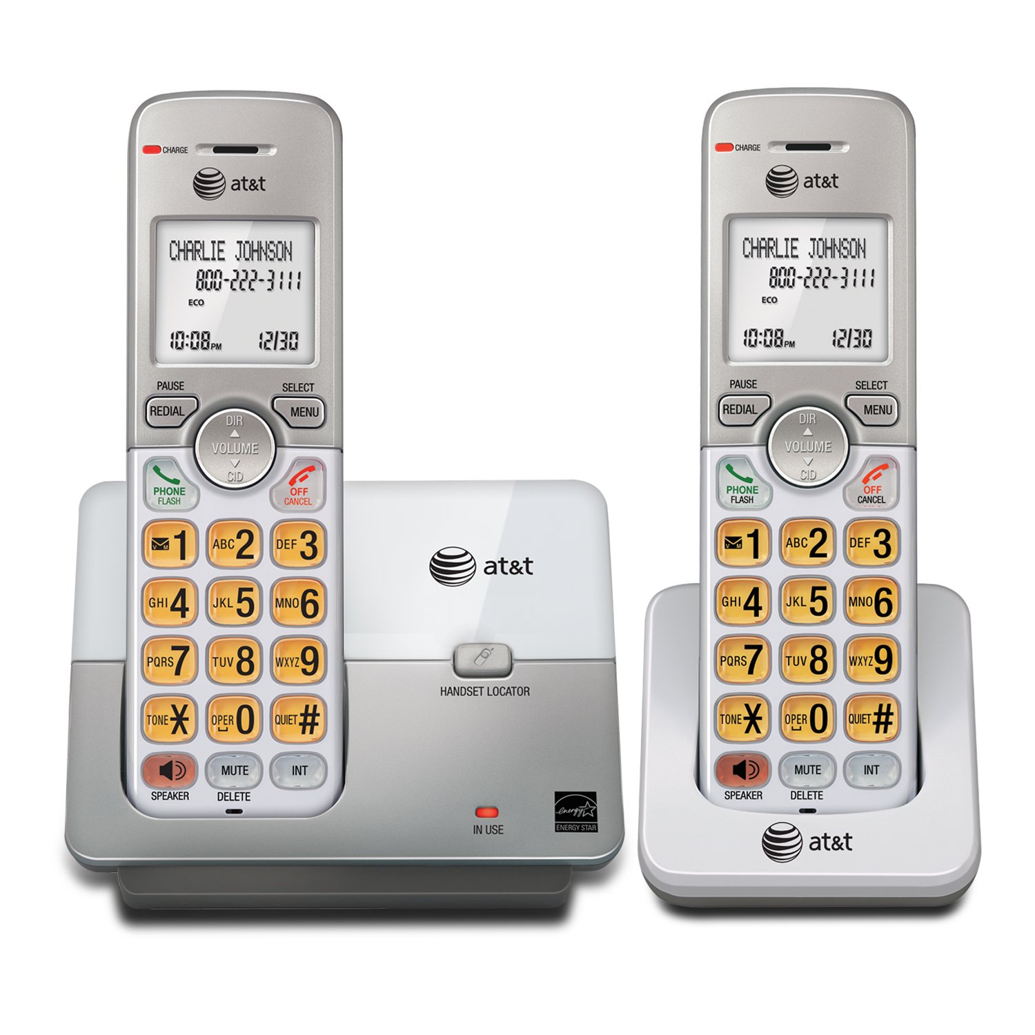 AT&T EL51203 - 2 Handset DECT 6.0 Cordless Home Phone Full-Duplex Handset Speakerphone, Backlit Display, Lighted Keypad, Caller ID/Call Waiting, Phonebook, Eco Mode, Voicemail Key, Quiet Mode,Intercom