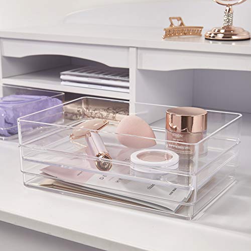 STORi SimpleSort 3-Piece Stackable Clear Drawer Organizer Set | 9" x 6" x 2" Rectangle Trays | Wide Makeup Vanity Storage Bins and Office Desk Drawer Dividers | Made in USA
